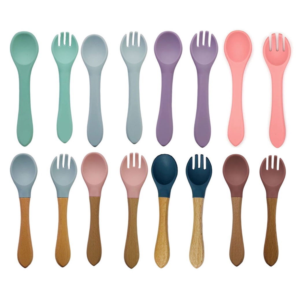 Kit Colher e Garfo Silicone e Bambu Talher Silicone Papinha do Bebê ...