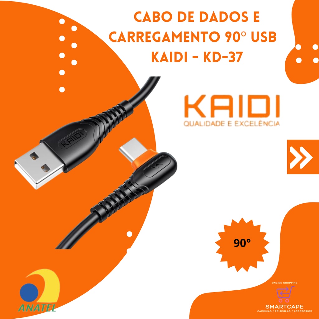Cabo de Carregador e Dados 90° KAIDI KD-37 1 Metro Carregamento Rápido ...