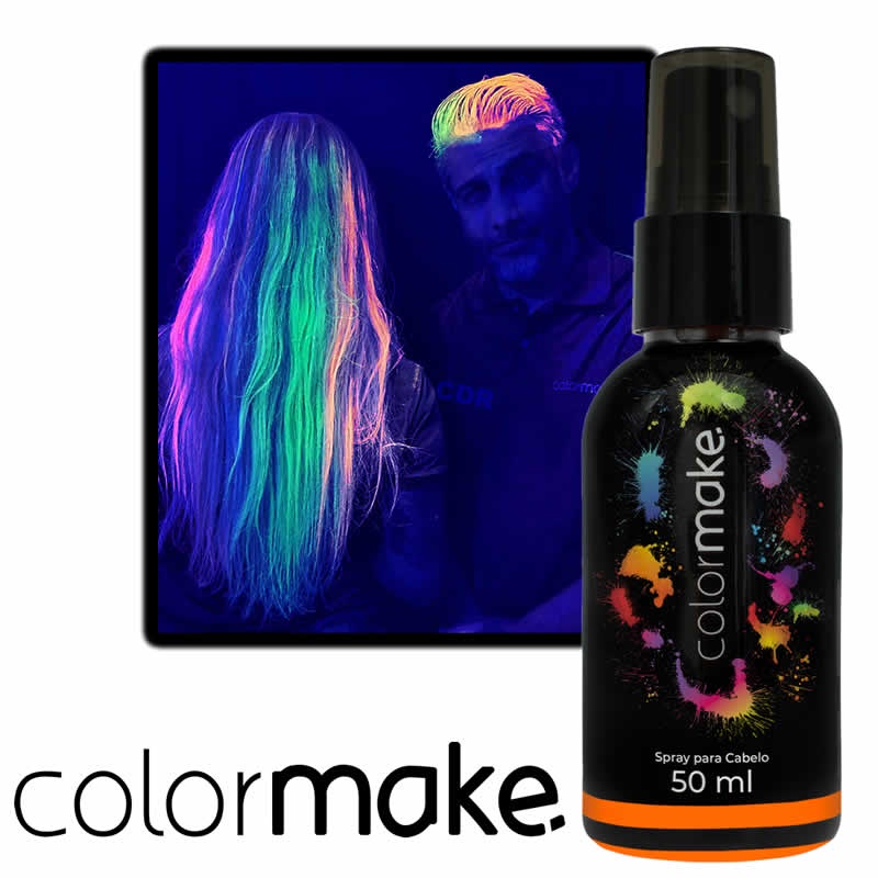 Spray para cabelo Colormake laranja fluorescente brilha na luz negra ...