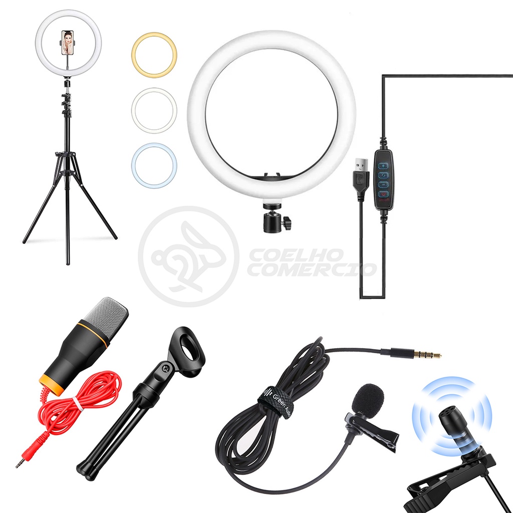 Ring Light 12" com Suporte Celular + Tripé 1,5M + Lapela + Microfone SF-666 - Kit Influencer ...