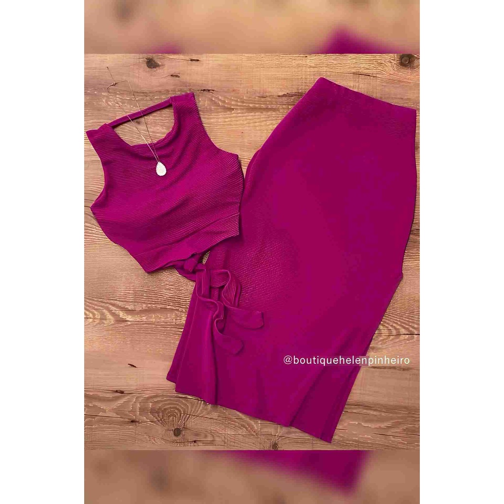 Conjunto Ana Ruga Cropped Costas Nua Com Amarração e Saia Midi Abertura ...