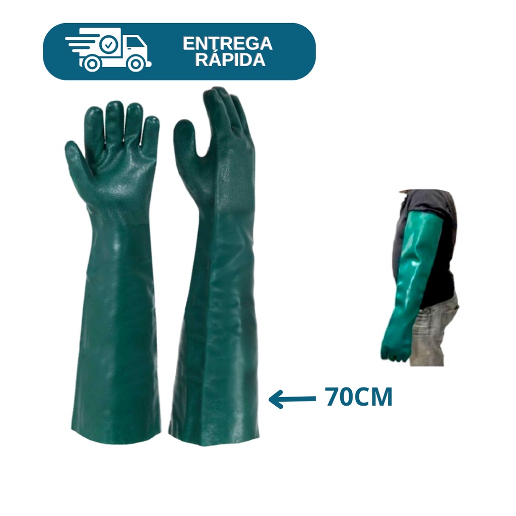 Luva De PVC Verde Cano Longo 70cm Forrada Palma Áspera Resistente ...