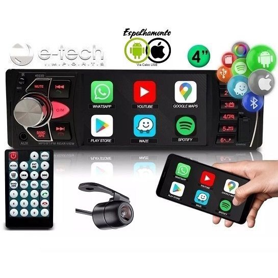 Mp5 1 Din E-tech Tela 4 polegadas Bluetooth Espelhamento Usb Sd + Câmera de Ré | Shopee Brasil
