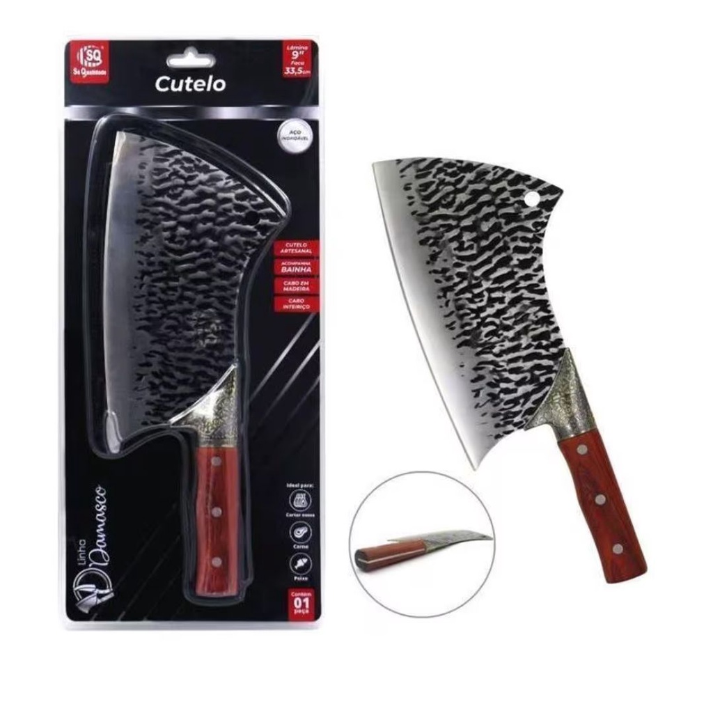Cutelo 9" Tipo Artesanal Linha Damasco Com Cabo Em Madeira E Bainha SQ ...