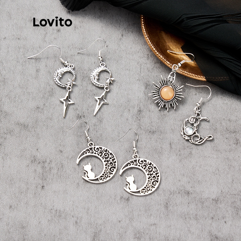 Lovito Brincos Femininos Casuais Estilo Gótico Estrela Da Lua Gato A Bruxa Sol L50AD178 (1 / 2 ...