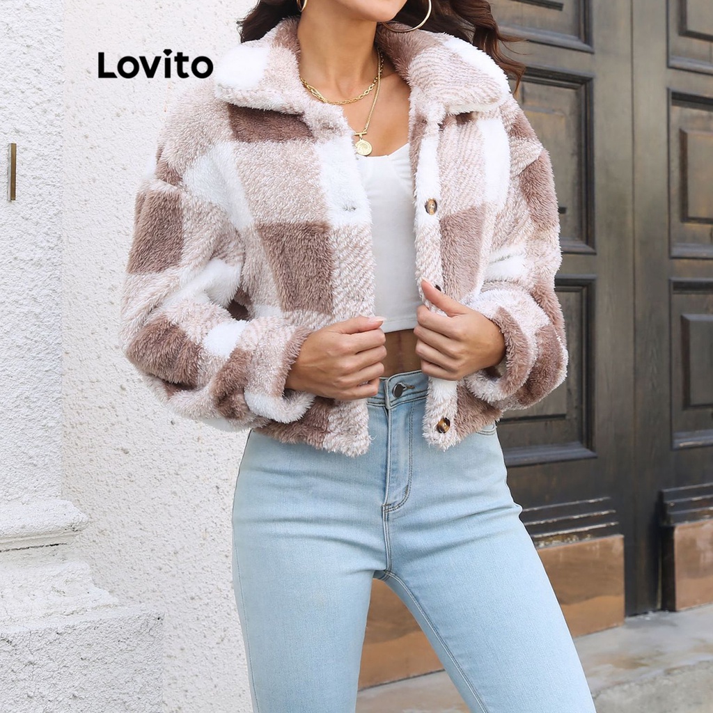 Lovito Jaquetas Femininas Casuais Xadrez Manga Longa Resistente Ao Vento (Caqui/Preto) | Shopee ...