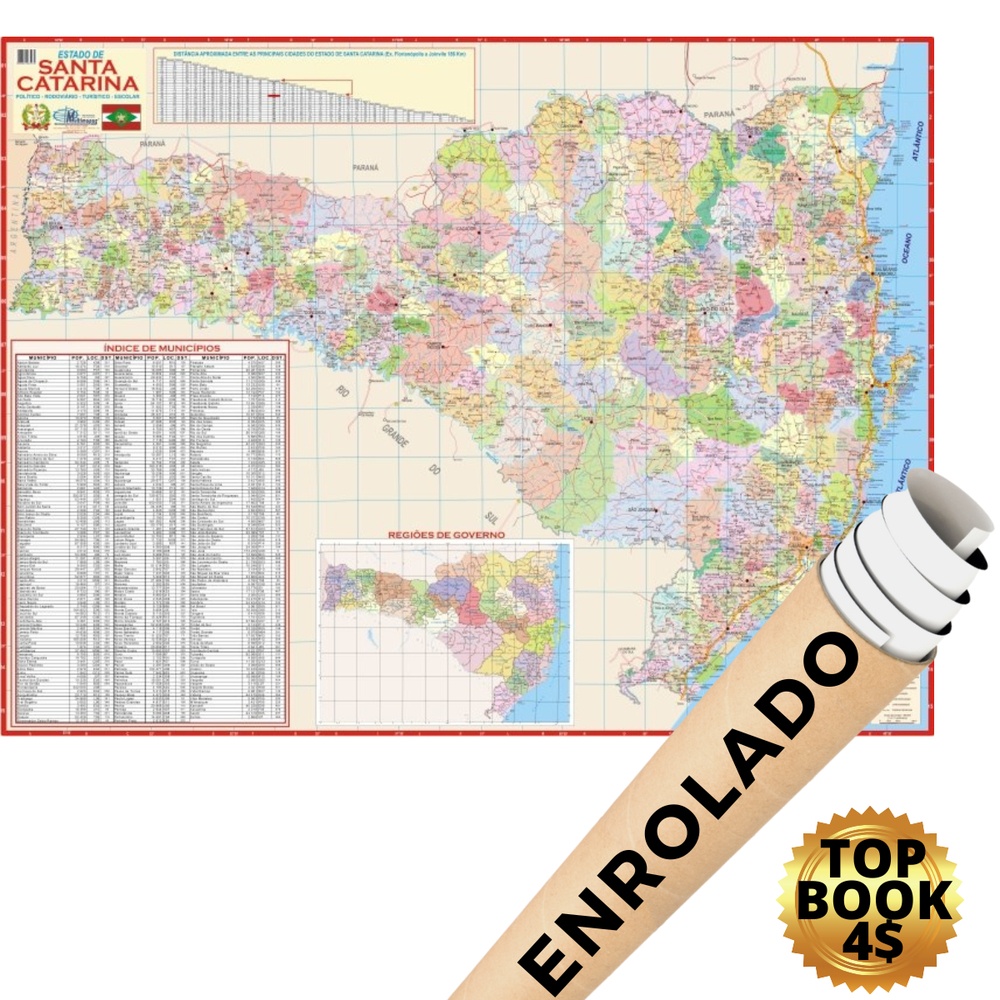 Mapa Santa Catarina Politico Gigante Enrolado Poster Cidade Geografico ...