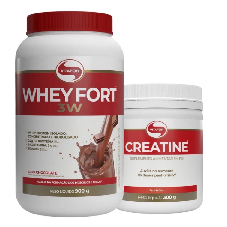 Kit Whey Fort 3w Isolado E Concentrado 900g Creatina 300g Vitafor
