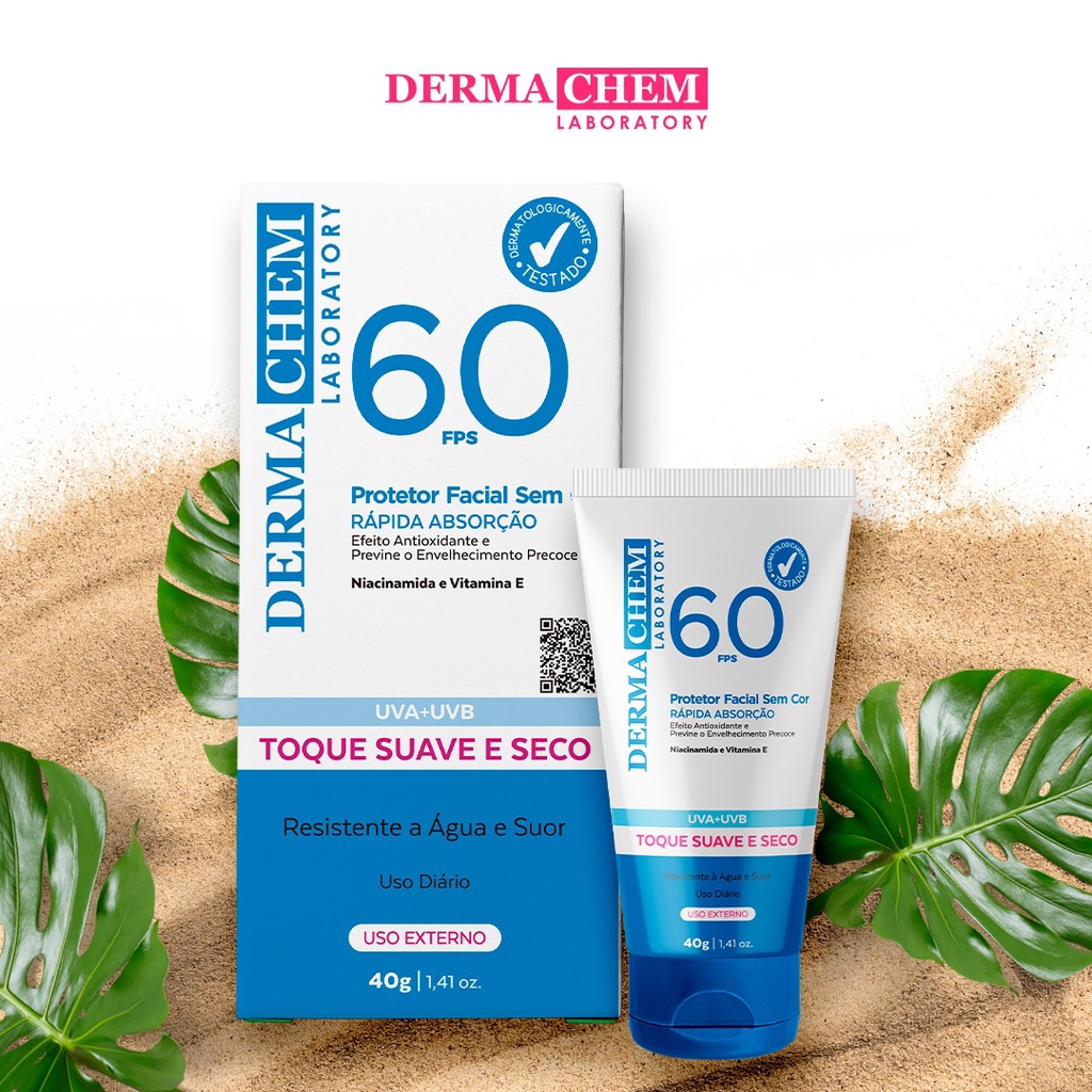 Protetor Solar Rosto FPS 60 sem cor 40g - Dermachem | Shopee Brasil