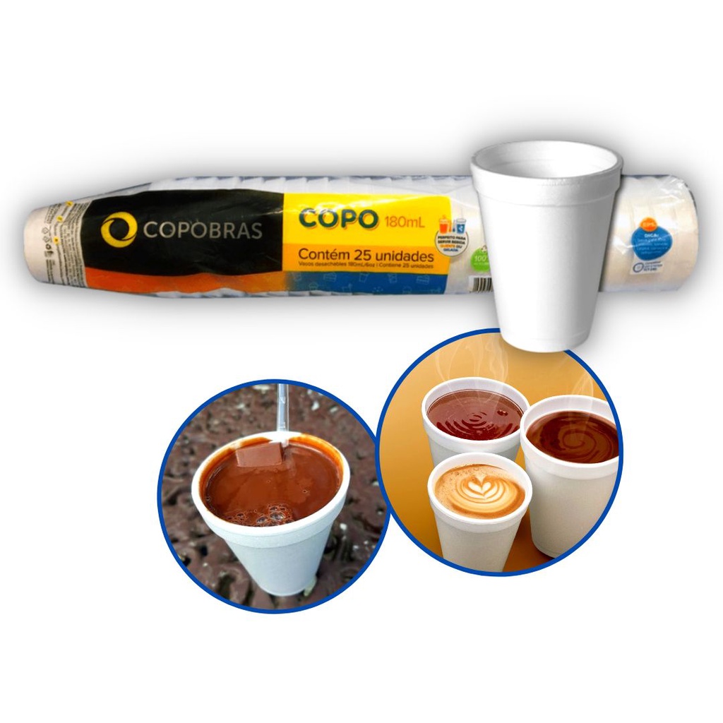 Copo Térmico de Isopor para Bebidas Copobras - 180ml - pct 25 Unidades ...