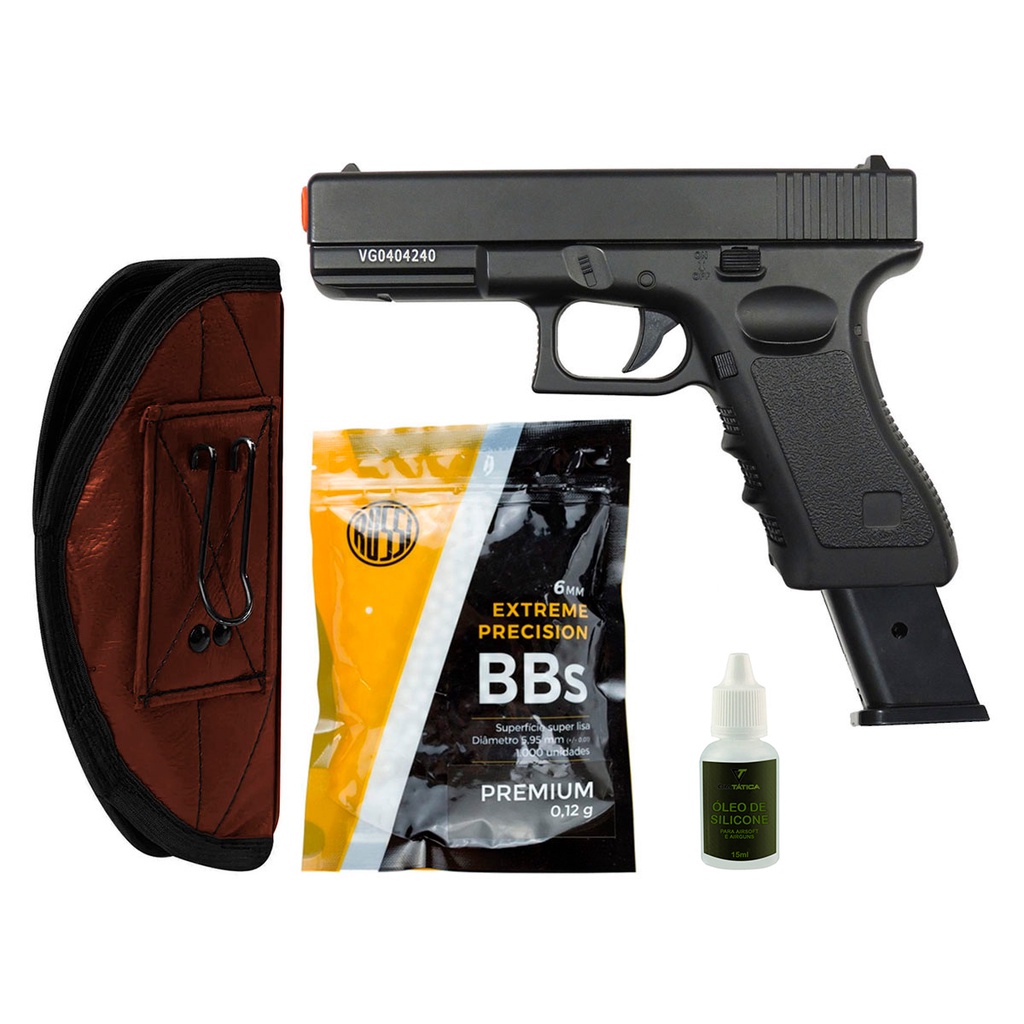 Pistola Airsoft Full Metal Glock V20, Coldre Couro Marrom, Saco BBs ...