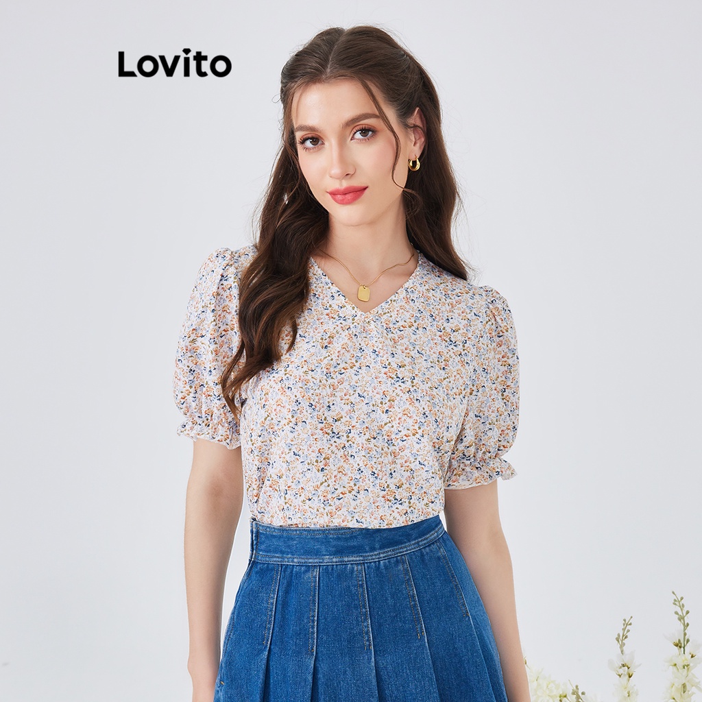 Lovito Blusa Casual Floral com Manga Bufante e Decote em V para Mulheres L54ED012 (Multi-Cor ...