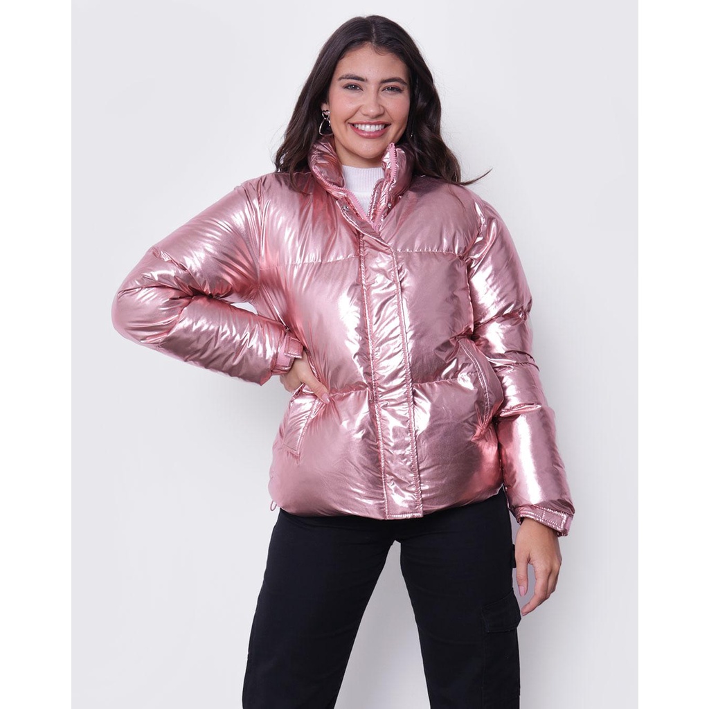 Jaqueta Feminina Puffer Gola Alta Metalizada Rosa | Shopee Brasil