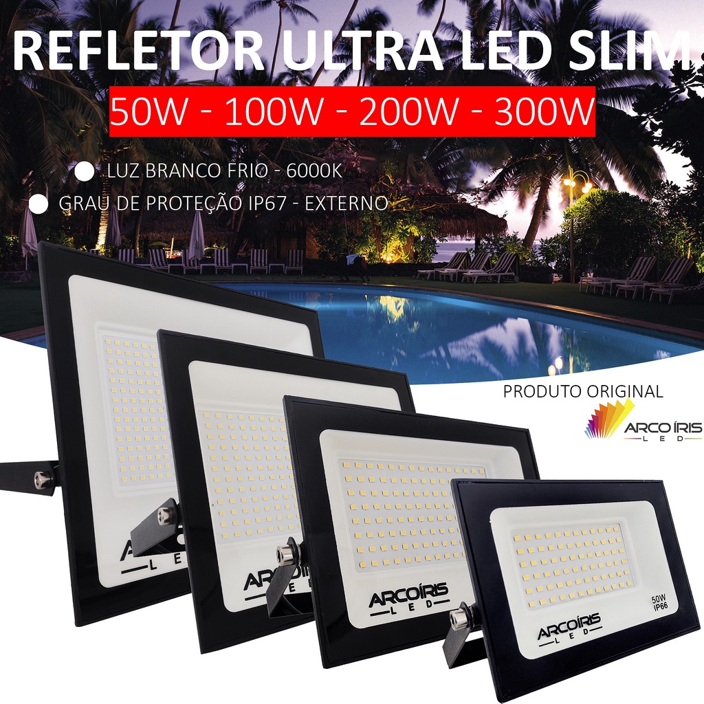 Refletor Led 50w 100w 200w 300w Holofote bivolt Prova Dágua Ip66 Branco Frio - ARCO IRIS LED ...