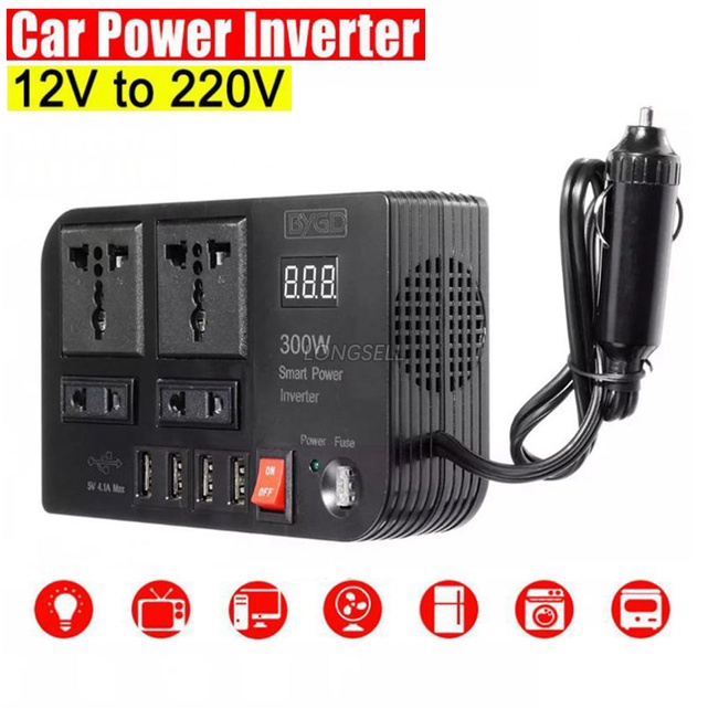 Inversor Multifuncional De Energia Para Carro 300W Com 4 Portas De Carregamento USB 4 Tomadas AC ...