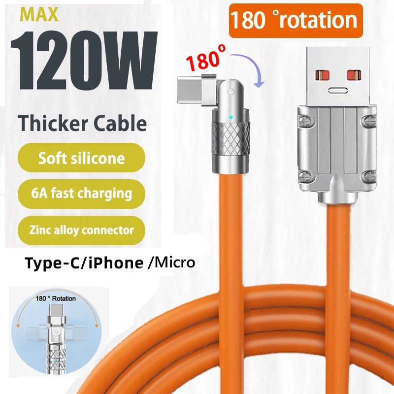 Novo 180 Rotativo 6A Cabo 120W De Carregamento Super Rápido Carregador De Jogo Móvel USB Tipo-C ...