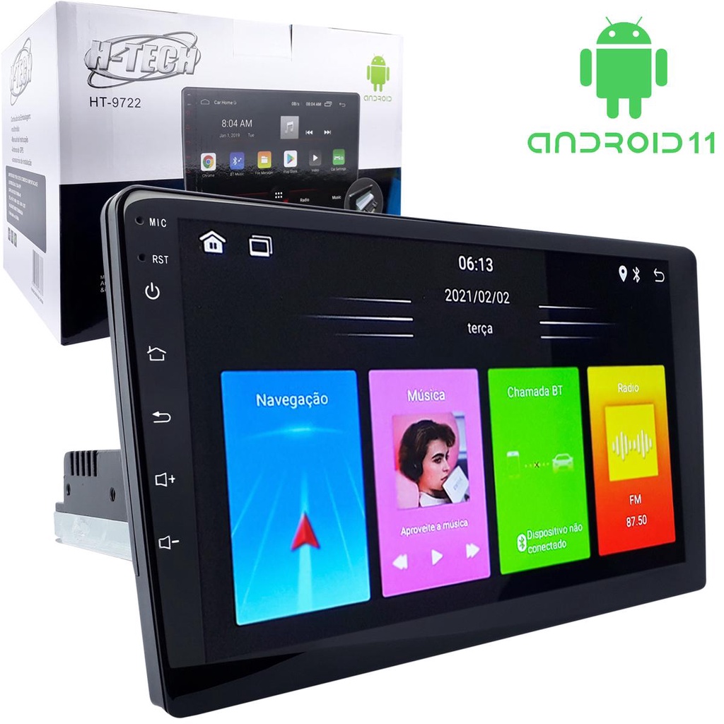 Central Multimidia H-Tech HT-9722 9pol 1Din 2Din Android 11 Com câmera de ré Espelhamento de ...
