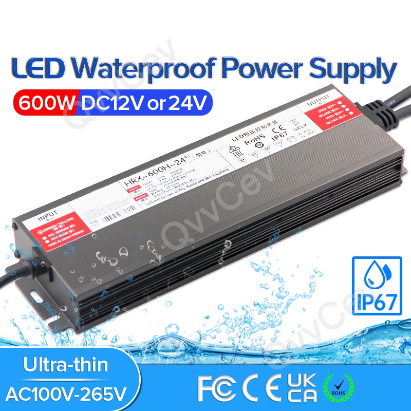 600W LED Driver DC12V 24V IP67 Transformadores De Iluminação À Prova D ...