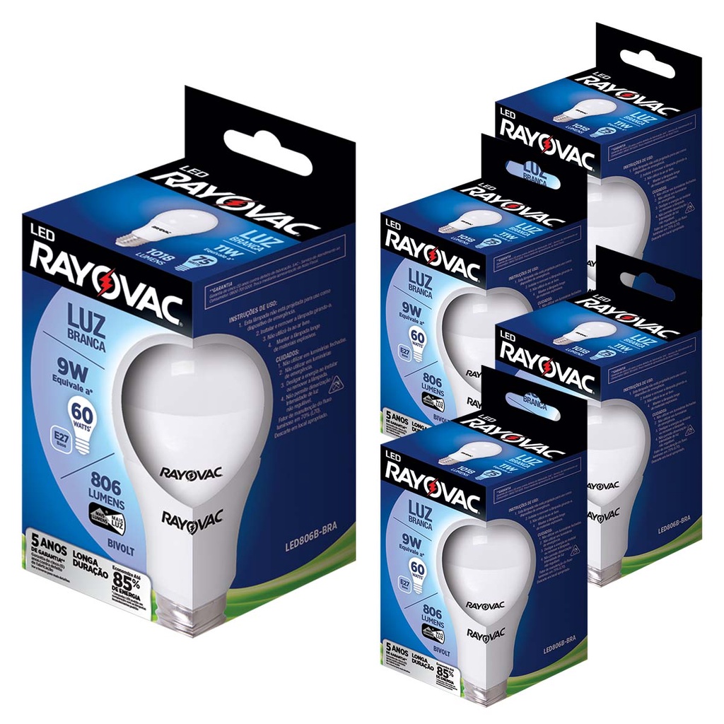 Lampada LED 9W Luz Branca 6500K Rayovac 5 caixas Bulbo Soquete E27 Luz Fria | Shopee Brasil