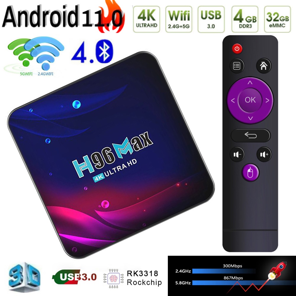 H96 MAX Smart TV Box Android 11 4K HD Google Controle De Voz 2.4G/5G ...