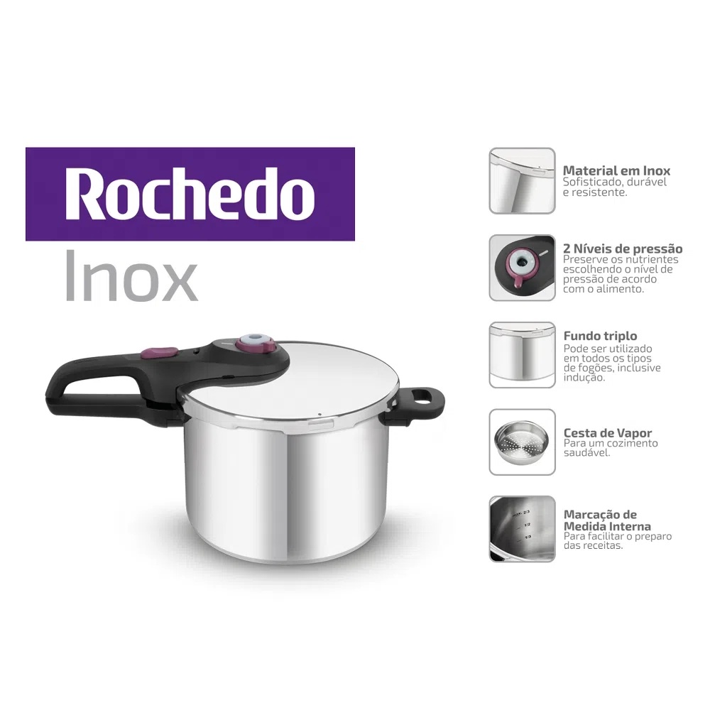 Panela de Pressão Rochedo Inox com Fechamento Externo com 6L e Cesto de ...