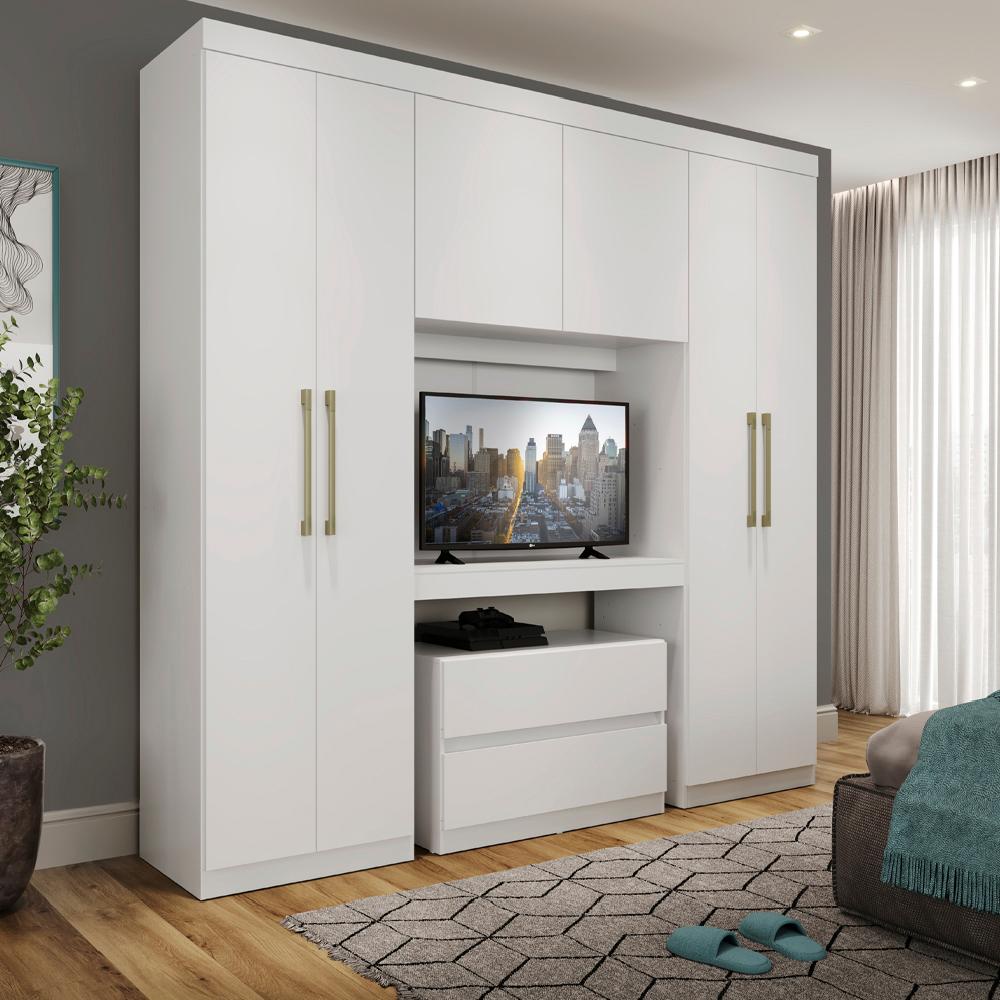 Guarda Roupa Solteiro 6 Portas 2 Gavetas Porto Branco com Painel de TV ...