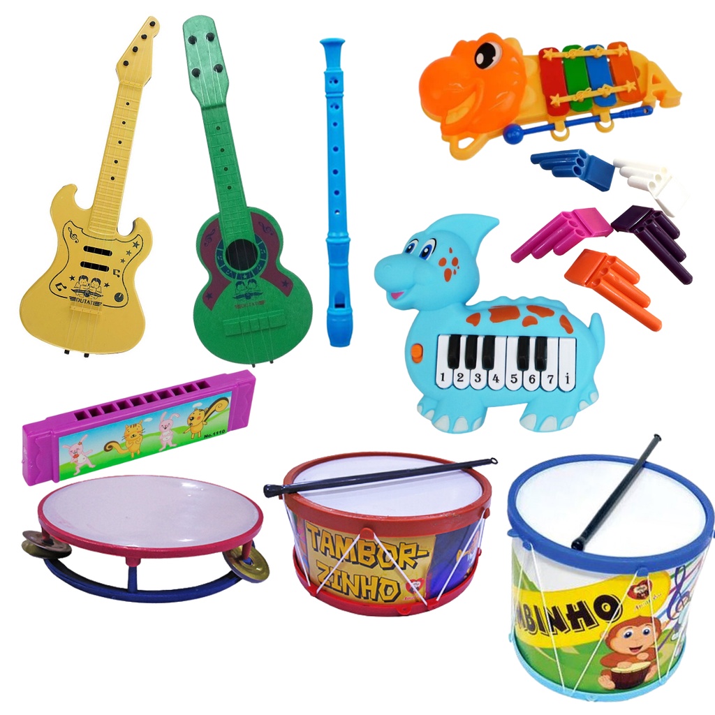 Kit 10 Instrumentos Musical Violão Pandeiro Flauta Guitarra Bumbo Infantil Brinquedo Banda ...