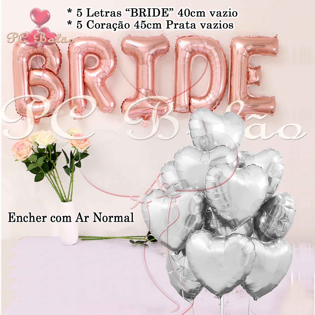 Kit 5 Balão Metalizado Letras BRIDE Rose Gold 40cm + 5 Coração PRATA ...