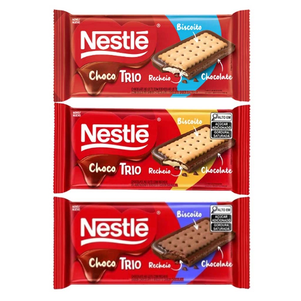 Kit 3 Tabletes De Chocolate Choco Trio Biscoito Recheio 90g Escolha a ...