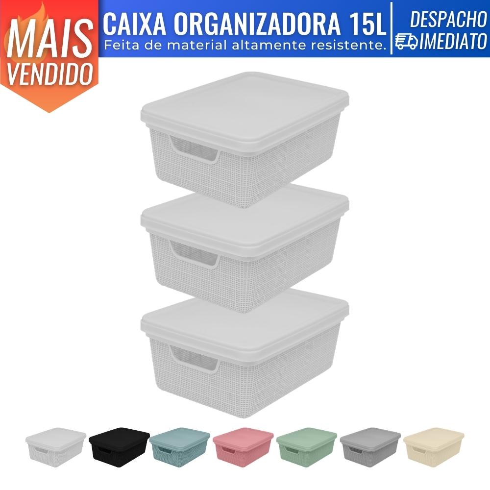 Kit 3 Cesto Caixa Organizadora c/ Tampa 39x27 15L Gaveta Armário ...