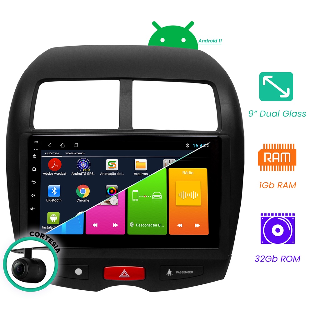 Central Multimídia Android 12 para ASX 2010 a 2020 - Tela 9", 1Gb RAM + 32Gb ROM, GPS, Wi-Fi ...