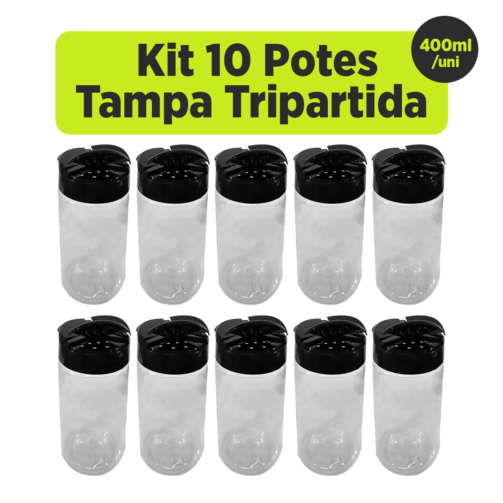 Kit 10 Potes para Tempero 400ml Tampa Tripartida | Shopee Brasil