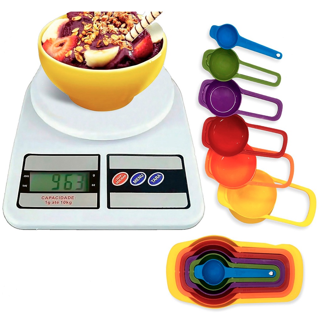 Balança Digital pesar comida 10Kg + Kit 6 Colheres medidoras | Shopee ...