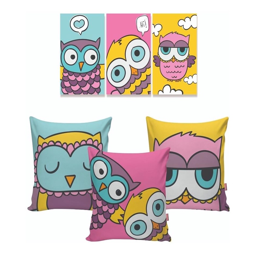 Kit 3 Quadros Placas + 3 Capas Almofadas Corujas Infantil | Shopee Brasil