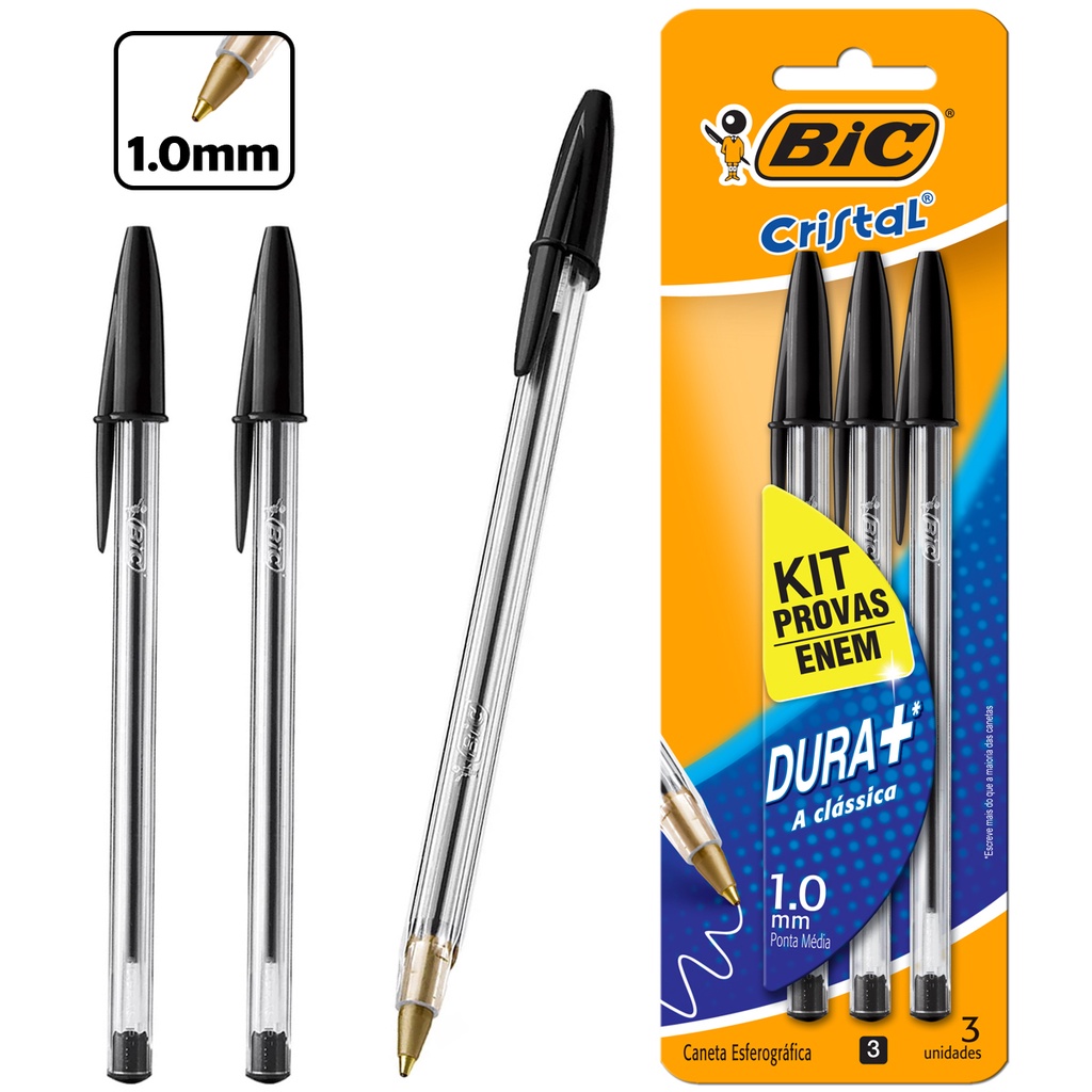 Kit Enem Caneta Esferográfica BIC Cristal Dura Mais Clássica com 3 un Preta Ponta Média | Shopee ...