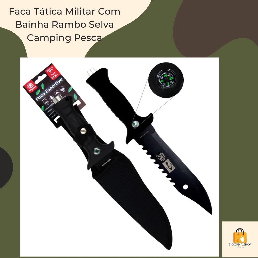 Faca Tática Militar Com Bainha Rambo Selva Camping Pesca | Shopee Brasil