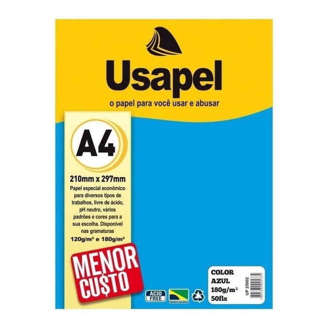 Papel Color A4 Azul 180g Pacote 50 Folhas Usapel | Shopee Brasil