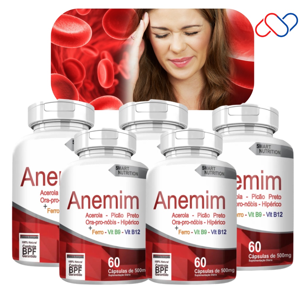 Kit com 5 Potes Anemim Cansaço Anemia Apetite Gestação 500mg 300 ...