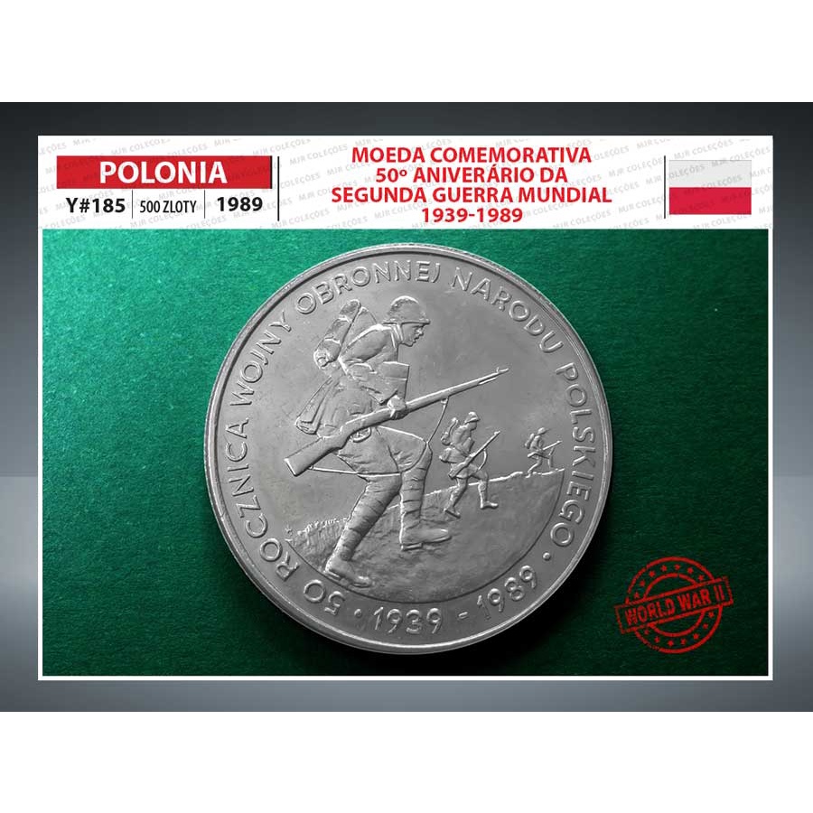 Moeda Polonia Y#185 500 Zloty 1989 Comemorativa Segunda Guerra Mundial ...