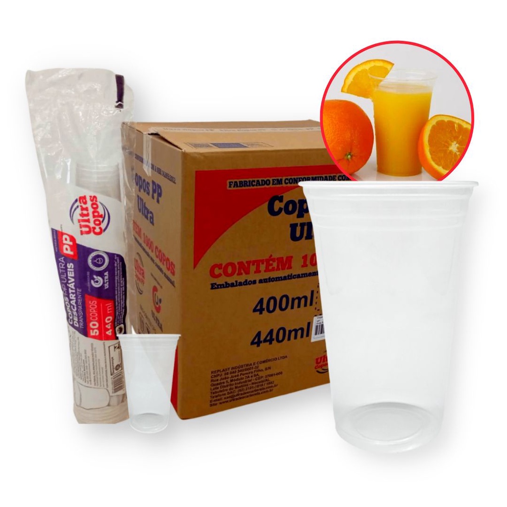 Copo Plástico Descartável Transparente Liso Suco Chopp Ultra Copos - 440ml - CX 1000 Unidades ...
