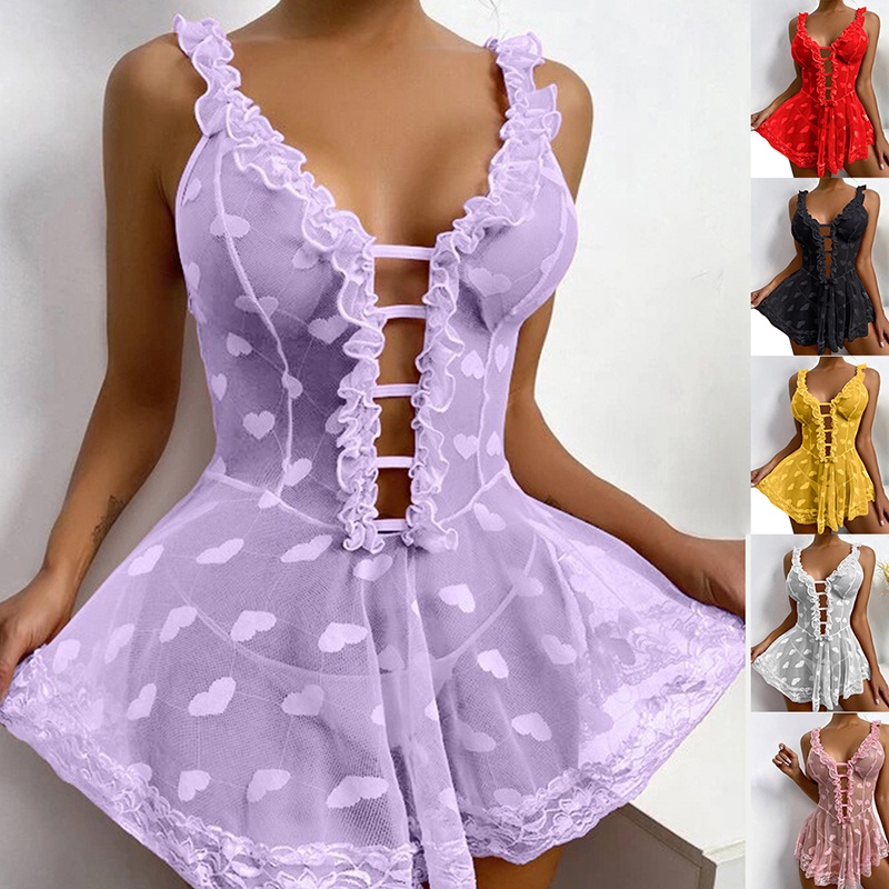 Camisola Feminina Sexy De Malha Transparente Com Renda Bordada | Shopee Brasil