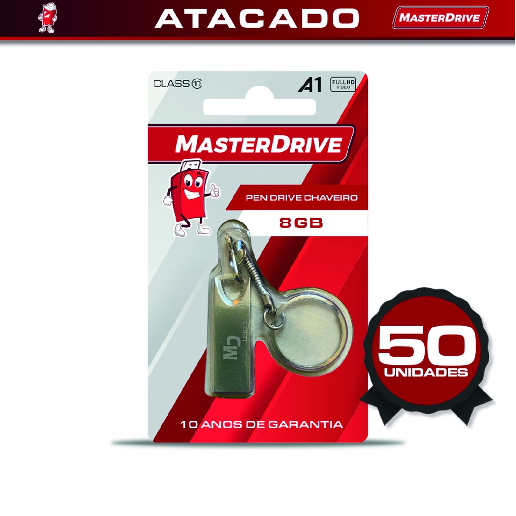 Kit 50 Pendrive 8GB Chaveiro Grande MasterDrive Premium Original Pen Drive 8GB Ultra Rápido ...