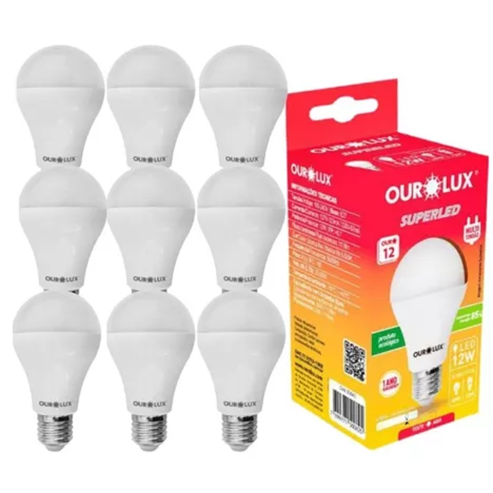 Kit 10 Lâmpada Led 12w Bulbo E-27 Branca Fria 6500k Ourolux | Shopee Brasil