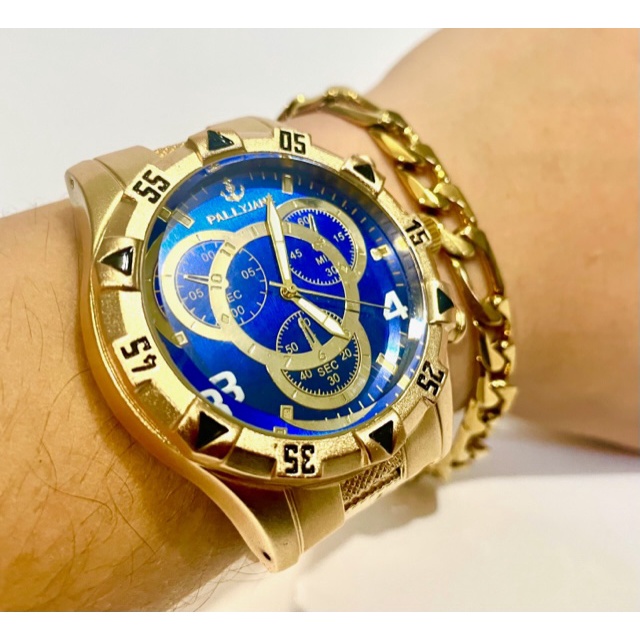 Kit Relogio Masculino Dourado Prova D'agua + Pulseira Dourado 18k Luxo ...