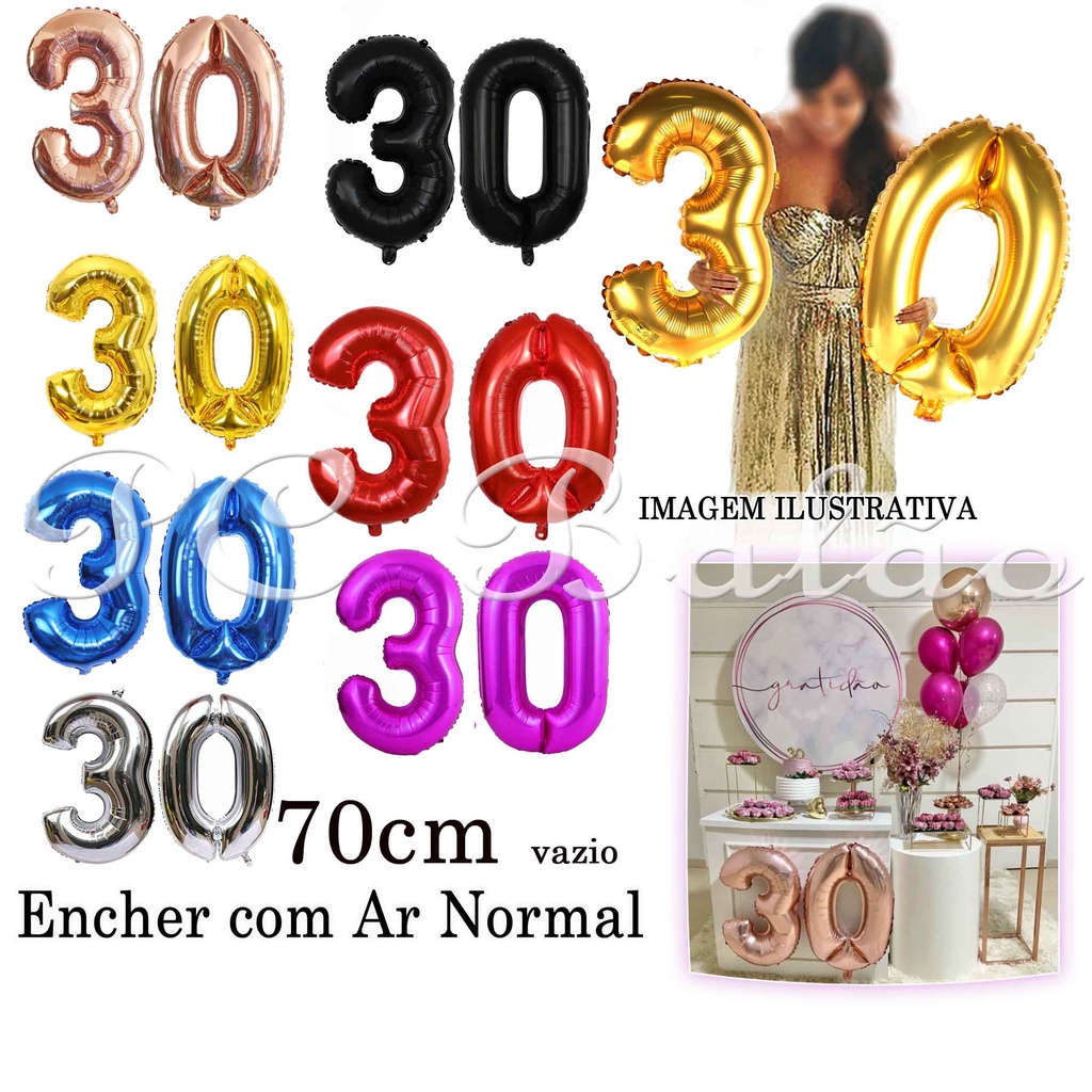 Kit 2 Balão Metalizado 70cm IDADE 30 Aniversário de Trinta Anos ...