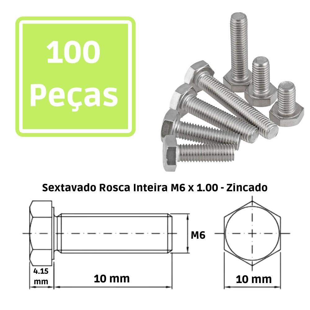 Parafuso Sextavado Rosca Inteira M6 x 10 mm Zincado - 100 Peças ...