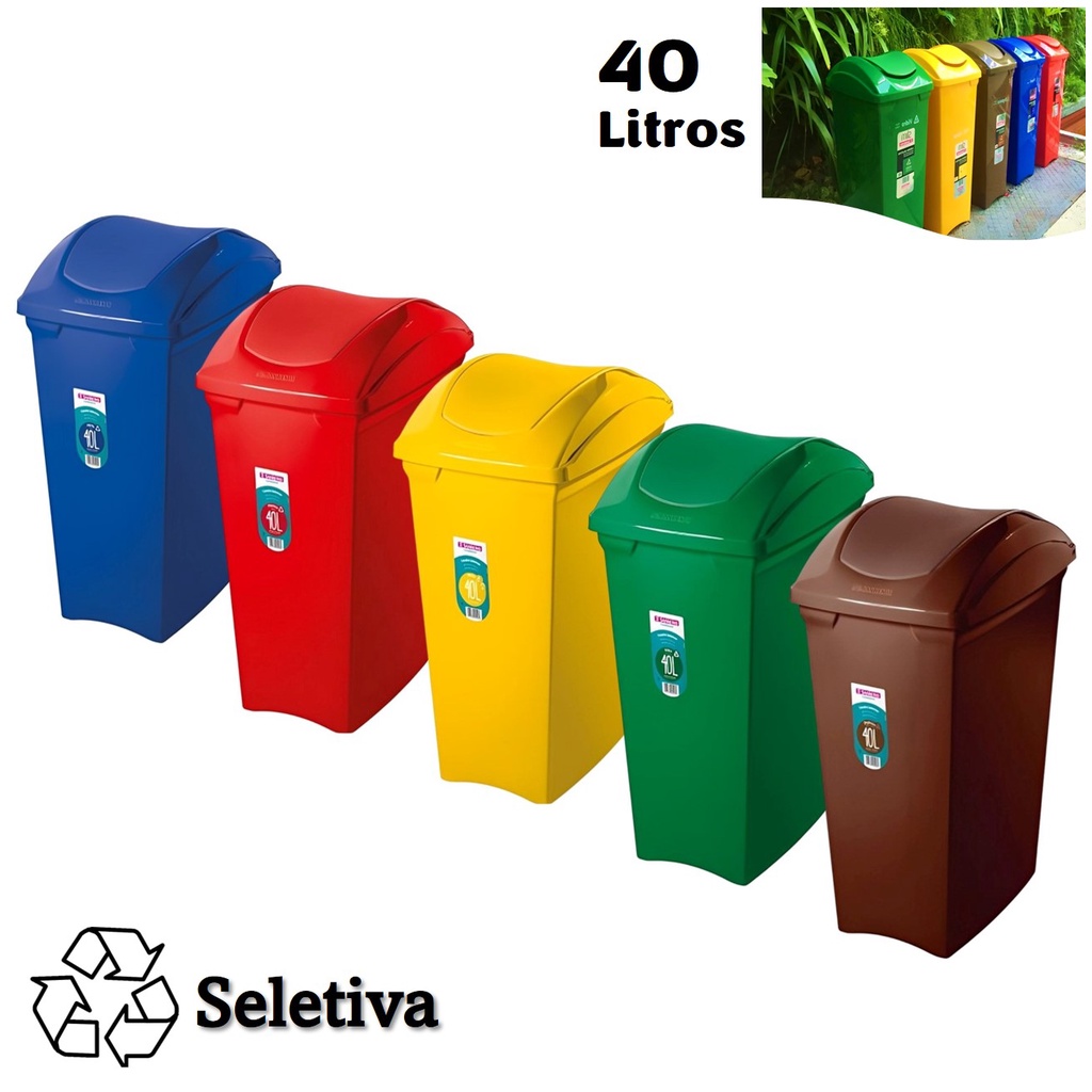 Kit 5 Lixeiras 40 Litros Seletivas P/ Lixo Orgânico Plástico Papel ...
