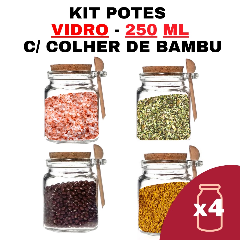 Kit Potes de Temperos Condimentos De Vidro Com Colher em Bambu Para ...