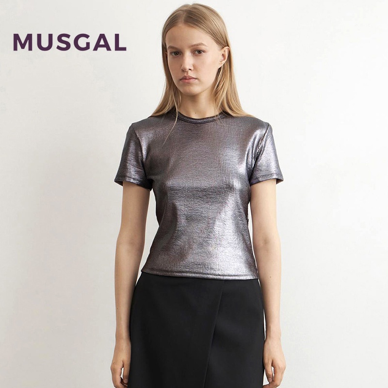 Camiseta MUSGAL Mulher 2023 Moda Cor Sólida Pescoço Redondo Manga Curta ...
