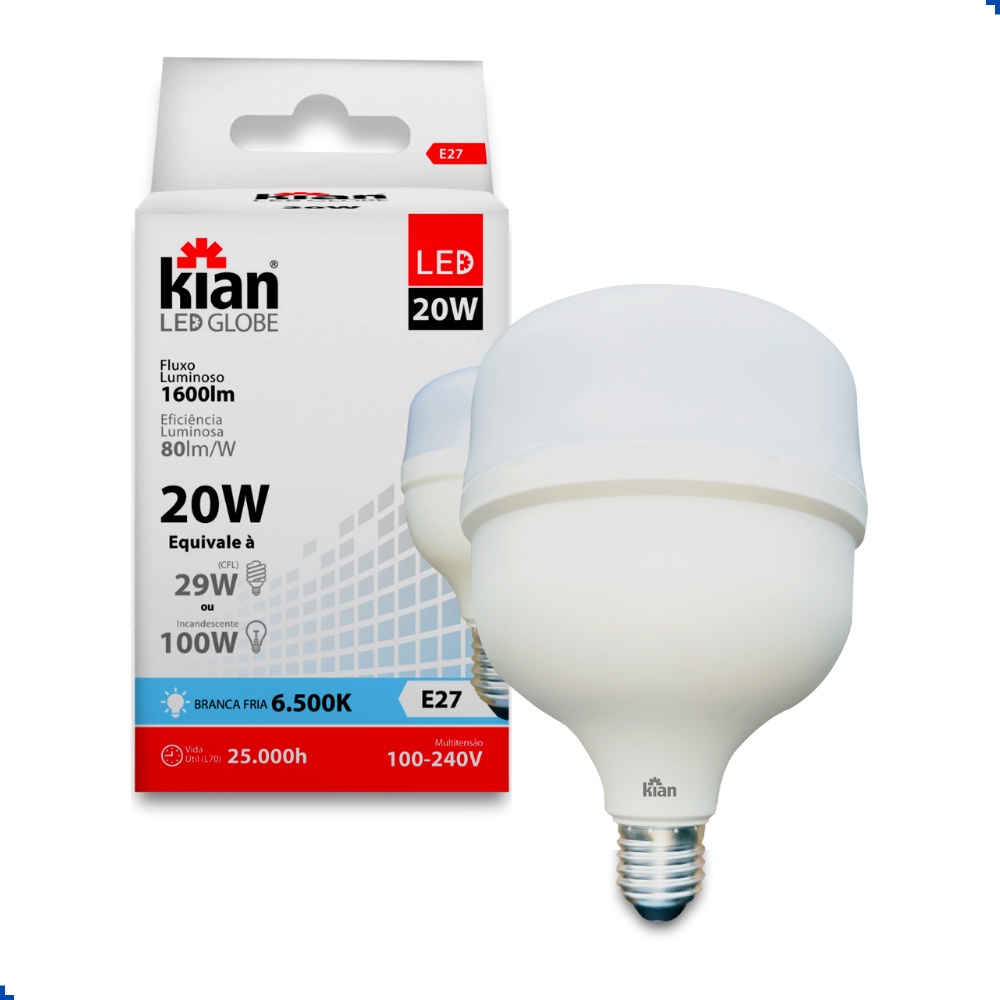 Lâmpada LED Globe 20w Branco Frio 6500k Bivolt E27 Potente | Shopee Brasil
